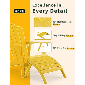 BUPPLEE Folding Adirondack Ottoman for Adirondack Chair, HDPE All Weather Outdoor Footrest Poly Lumber Adirondack Footstool for Patio, Backyard, Garden, Easily Storage - Yellow