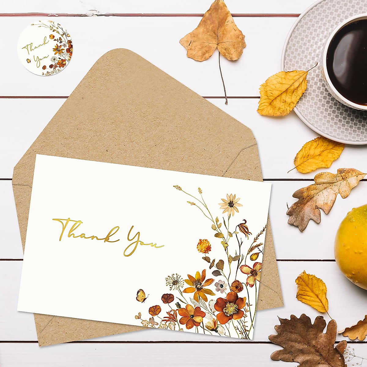Whaline 32 Pack Gold Foil Fall Thank You Cards Autumn Floral Wildflower Greeting Cards with Envelopes and Stickers Blank Note Cards for Wedding Birthday Bridal Shower, 4 x 6 Inch