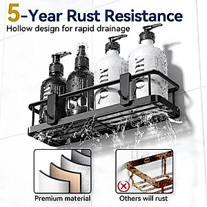 YASONIC Shower Caddy Adhesive, No Drill Bathroom Shower Organizers, with Removable Hooks, Rust Proof Shower Shelves, Wall-Mounted Shower Holder, Black, 2 Pack