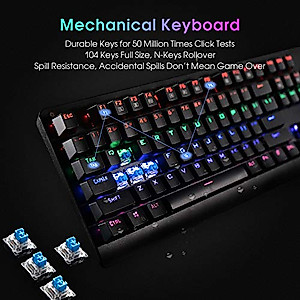 E-YOOSO Mechanical Keyboard K600 Blue Switches 104 Keys Gaming Keyboard 9 Modes LED Backlit Rainbow USB Wired Keyboard for Desktop Computer Laptop Windows PC
