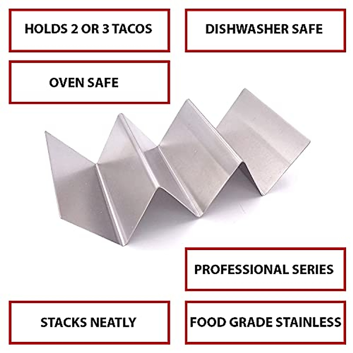 Taco Holder - Taco Holders, Stainless Steel with Free Recipe Ideas - Taco Stand Up Holder - Taco Stand - Taco Plates - Holds 3 Tacos - Dishwasher, Oven and Grill Safe (4 Pack)