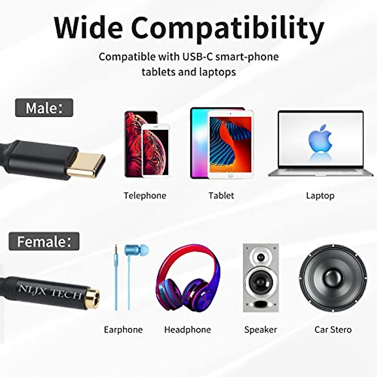 NLJX TECH USB C to 3.5mm Audio Adapter, USB Type C to 3.5mm Headphone Jack Adapter Female to Male for Samsung S8 S20 Series, S21, Note10, Pixel 2, iPad, MacBook（Black）