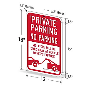 SmartSign 18 x 12 inch “Private Parking - No Parking, Violators Towed At Vehicle Owner's Expense” Metal Sign, 63 mil Aluminum, 3M Laminated Engineer Grade Reflective Material, Red and White