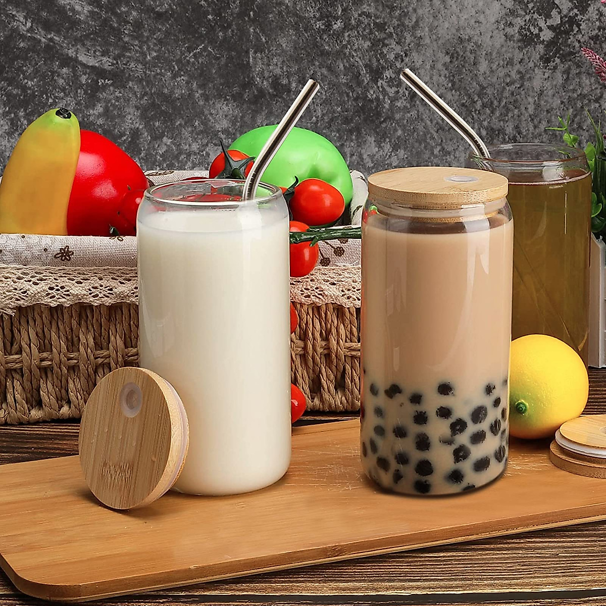 DESIYUE 4 Pcs Drinking Glasses with Bamboo Lids and Straws - 16oz Beer Can Shaped Drinking Glasses, Iced Coffee Cups, Cute Tumbler Cup Great for Soda Tea Cocktails