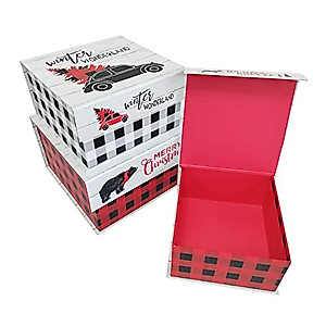 VOTUM Set of 3 Nesting Holiday Storage Boxes - Decorative Treasure Chest Stackable Paperboard Containers with Fitted Lids and Seasonal Sayings - Mountain Holiday