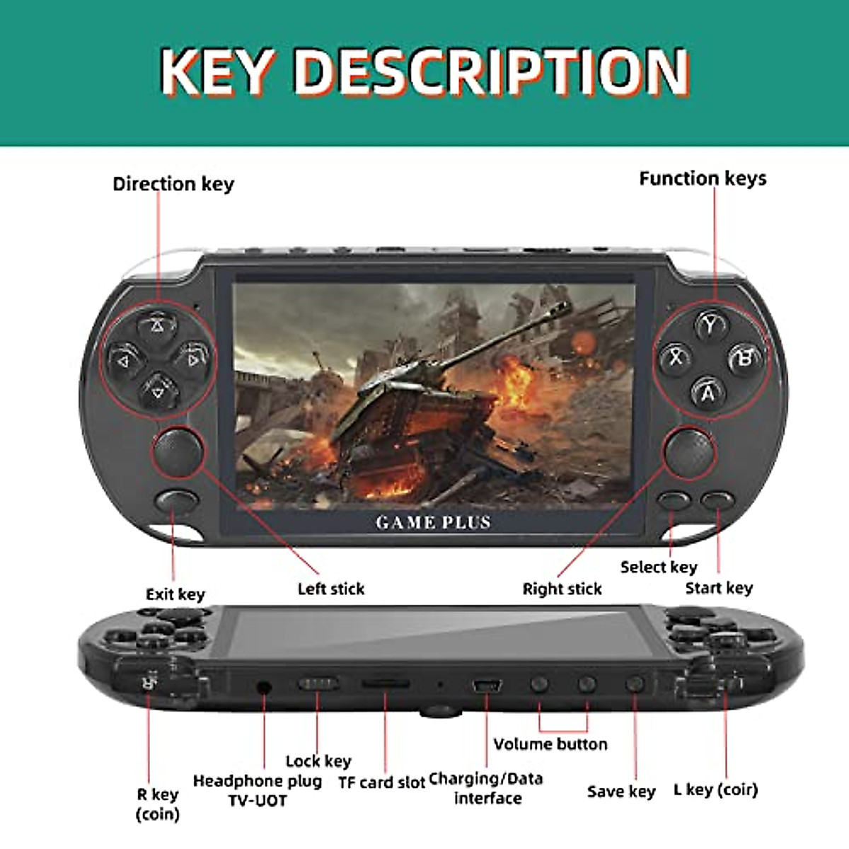 Handheld Game Consoles for Kid and Adult, 5.1 Inch HD Screen Dual Joystick with 8GB 3000+ Free Games GBC/GBA/FC/MD/Arcade, Support TV Out/Movie/Video/Music/Record/Save Game Progress, (Black)