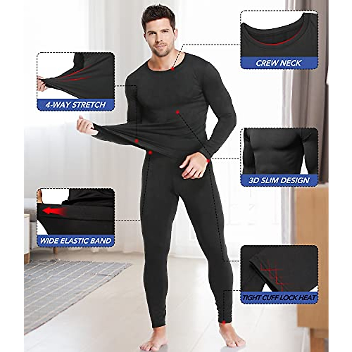 TEEPIRE Mens Thermal Underwear Set with Lightweight Ultra Soft Fleece Lined,Long John Set, Skiing Base Layer (Medium) Black