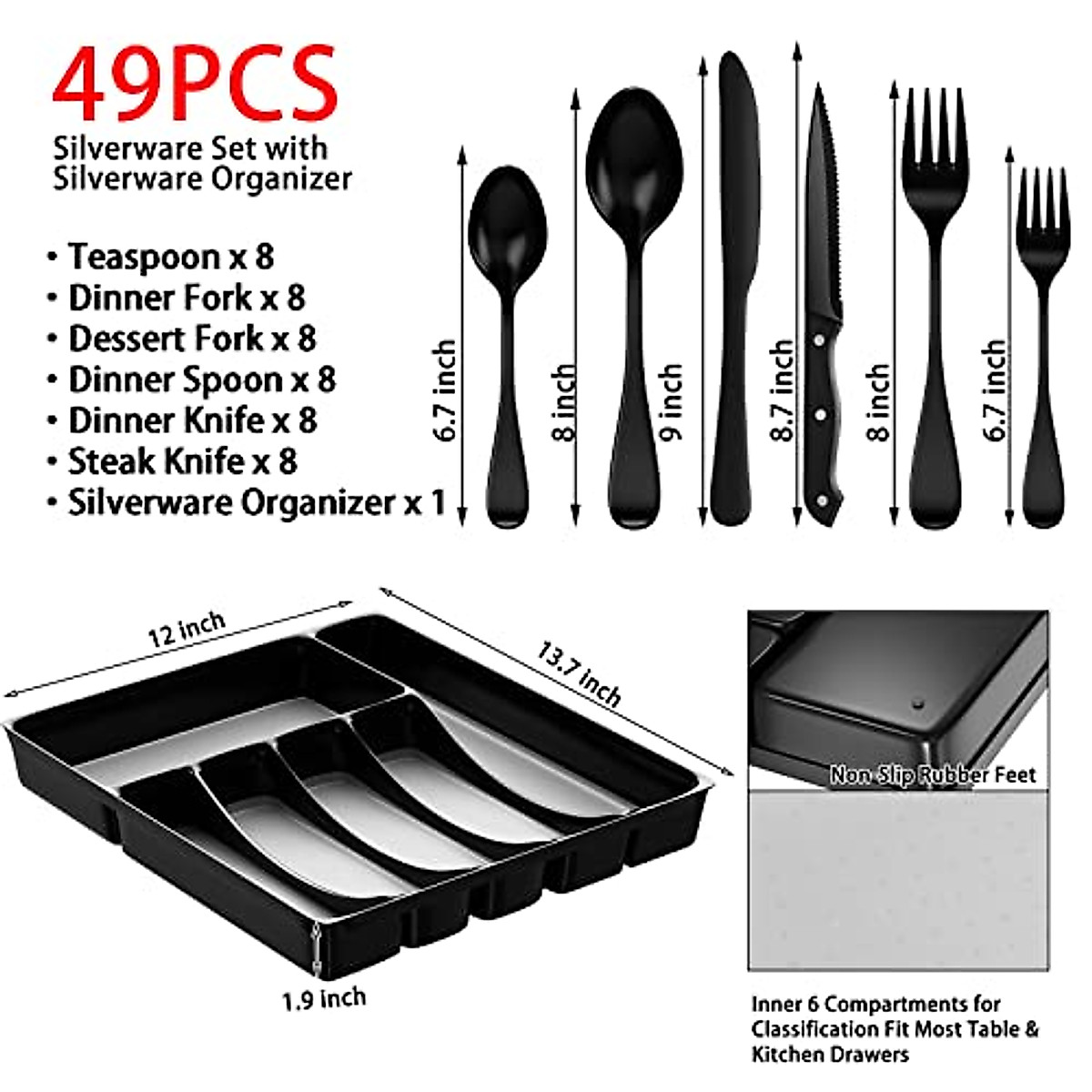 49piece Black Silverware Set with Organizer, Stainless Steel Flatware Set for 8 with Drawer Tray, Kitchen Tableware Service Cutlery Matte Steak Knives Fork Spoon for Home Restaurant, Dishwasher Safe