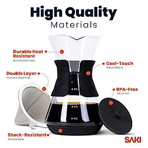 SAKI Pour Over Coffee Maker with Double Layer Stainless Steel Filter, Silicone Lid, Coffee Dripper Brewer, Heat Resistant Borosilicate Pour Over Carafe, 24 Ounce