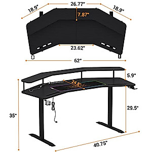 Melodyblue Gaming Desk with LED Lights, 63" Wing-Shaped Computer Desk with RGB Mouse Pad, Power Outlets, Monitor Stand, Headphone Hook, Cup Holder, Ergonomic Studio Desk, Gaming Table, Black