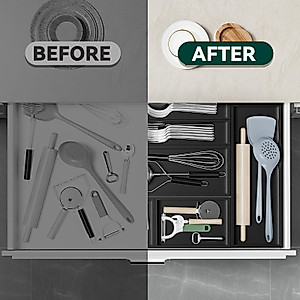 Lixple Bamboo Kitchen Drawer Organizer - Set of 2, Stackable Utensil Organizers, Wooden Storage Box Tray for Cabinet, Pantry, Bathroom Countertop, Multi-use Organization and Storage (Black)