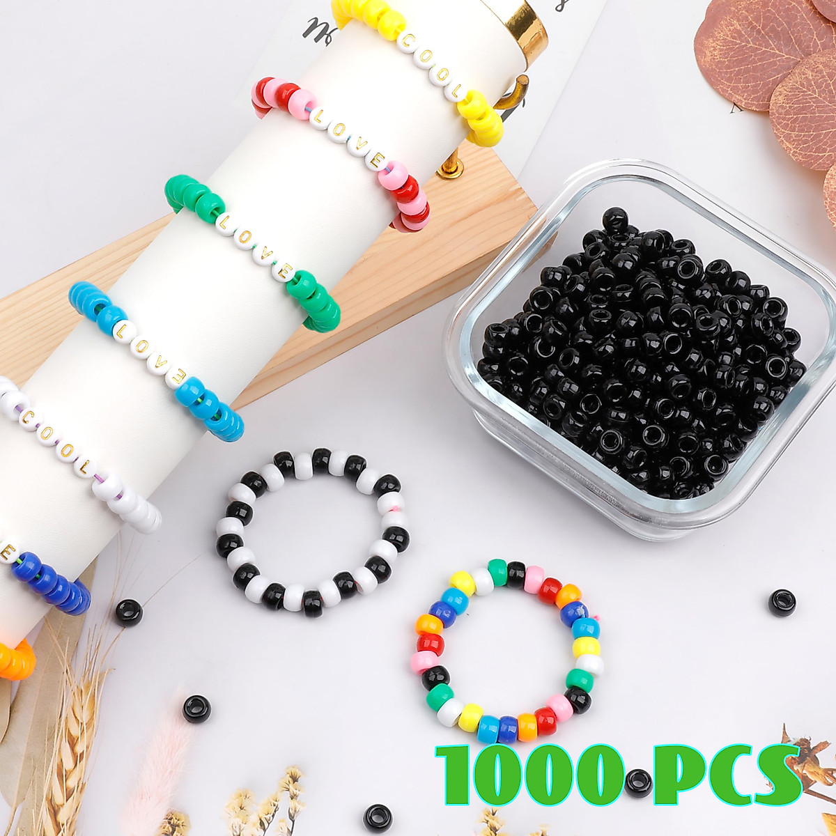 1000Pcs Pony Beads Bracelet 9mm Black Plastic Barrel Pony Beads for Necklace,Hair Beads for Braids for Girls,Key Chain,Jewelry Making (Black)