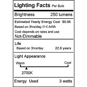 LOHAS 3W LED Light Bulb, G14 LED 25W Equivalent Light, E26 Medium Base Warm White 2700K LED Tiny Bulb, 120V Small Night Light Bulbs for Bedroom Ceiling Fan Table Lamp Lighting, Not-Dim 6 Pack