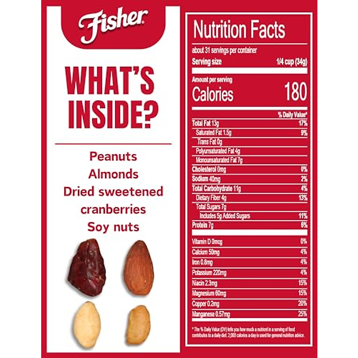 Fisher Snack Hunger Fighter Trail Mix, 38 Ounces, Peanuts, Almonds, Dried Sweetened Cranberries, Soy Nuts