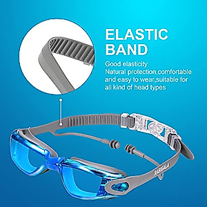 RABIGALA Swimming Goggles Adult, Swim Goggles Anti-Fog Waterproof Anti-UV Clear Vision Swim Goggles with Earplugs & 3 Nose Pieces suitable for Women Men(Gray-Blue)
