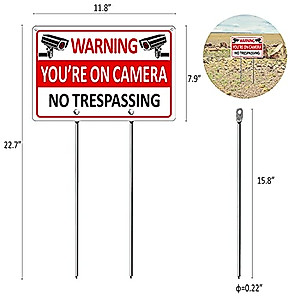 You're on Camera Sign with Stake, Metal No Trespassing Sign with Posts, Aluminum Video Surveillance Signs for Yard Outdoor, Kits Included, Easy to Install
