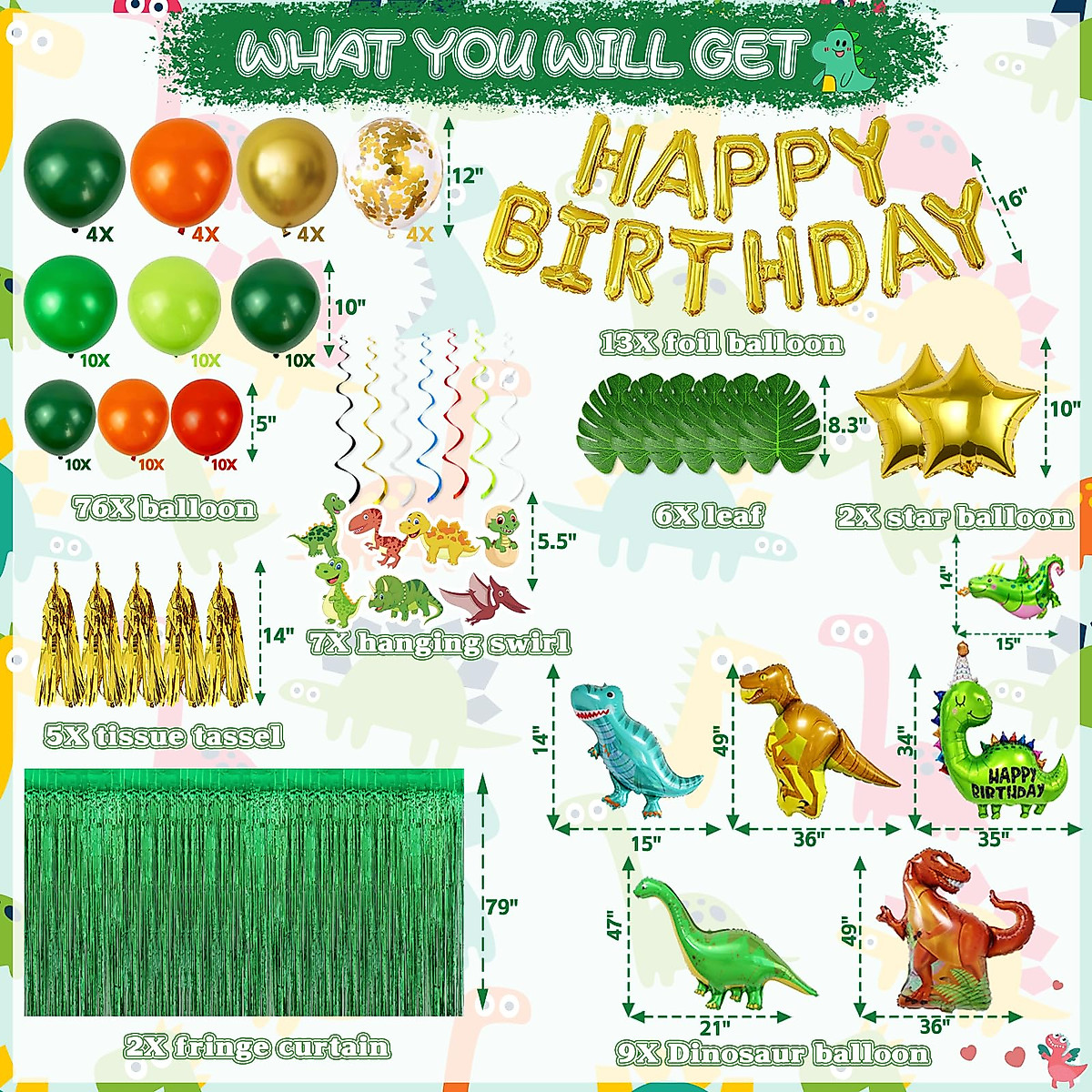 125pcs Dinosaur Birthday Party Decorations Supplies, Dinosaur Balloons Arch Garland Kit with Fringe Curtain, Dinosaur Balloons for Jungle Dinosaur Baby Shower Decorations for Boy Kids