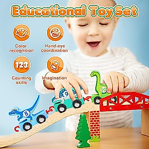 Toddler Dinosaur Toys Age 2-4: IPOURUP Wooden Dinosaurs Train Set Montessori Educational Toys for 2 3 4 5 6 Year Old Boys Girls Kids Birthday Gifts 11 PCS Trains Car with Numbers for Toddlers Toy Gift