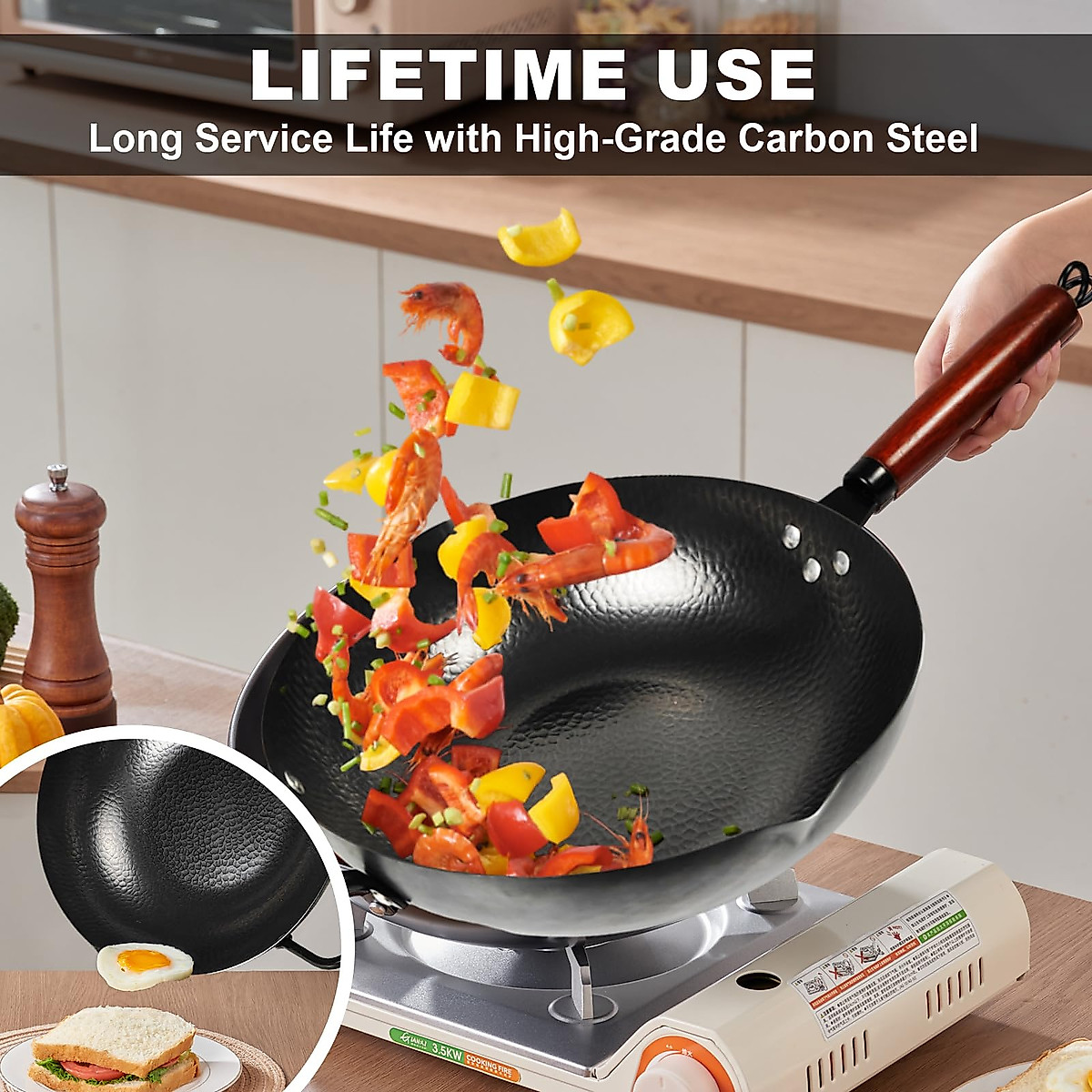 FNT Carbon Steel Wok Pan with Double Spouts, Woks & Stir-Fry Pans Nonstick with Wooden and Steel Helper Handle 11.8 Inches(Flat Bottom)