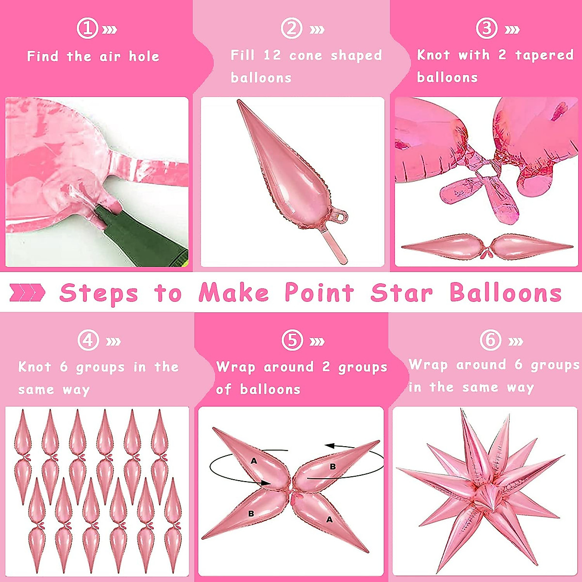 FUNTOOB Pink Star Balloons Metallic Star Foil Balloons Birthday Balloons Pink Star Cone Balloons Starburst Balloon Spike Balloons for Birthday Graduation Business Event Christmas Decorations (50Pcs)