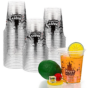 12oz Halloween Party Cups, Happy Halloween Disposable Clear Cups Plastic Printed Party Cups with Bat Ghost for Halloween Party Decoration, Party Supply for Beer Beverage Ice Cream Snacks(60 Count)
