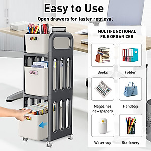 3-Drawer Storage Organizer Rolling Cart, 34” Tall Easy to Assemble Bathroom Organizers and Storage with Wheels, Vertical Storage Organizer Unit for Kitchen Bedroom Dorm Classroom Office