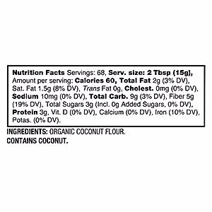 BetterBody Foods Organic Coconut Flour 2.25 Pound Jar, Naturally Gluten-Free White Flour Alternative with a Slight Coconut Taste and Aroma, 23% Dietary Fiber per Serving