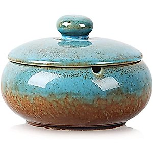 RONXS Ashtray, Outdoor Ash tray for Patio with Lid, Windproof Ashtrays for Cigarettes, Handmade Ceramic Ashtray for Home Office Indoor Decoration