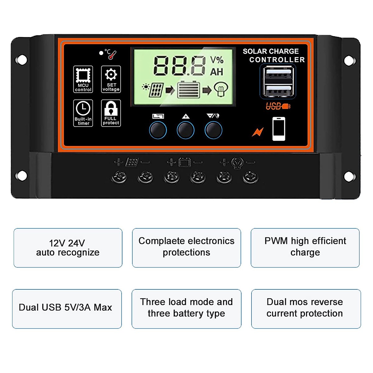 60A Solar Charge Controller,Solar Panel Charge Controller 12V 24V,Adjustable Parameter LCD Display Current / Capacity and Timer Setting ON/Off with 5V Dual USB,Auto Charge Regulator (Black)