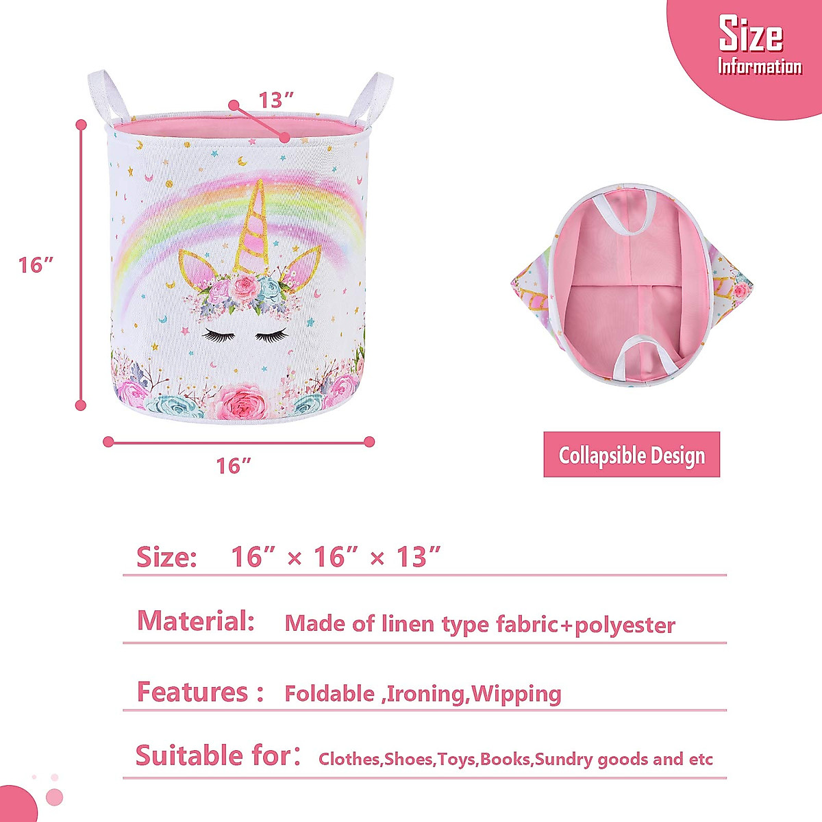 Unicorn Laundry Hamper - Collapsible Fabric Storage Bins Laundry Storage Basket for Kids Baby Gift Baskets Toys Clothes Shoes Bedroom Home Organizer Nursery Hampers