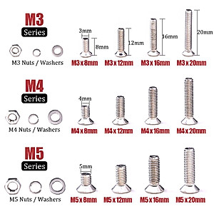 Hilitchi 705-Pcs M3 M4 M5 Phillips Flat Head Machine Screws Bolts Nuts Flat and Lock Washers Assortment Kit, 304 Stainless Steel, 8 to 20mm Length, Full Thread