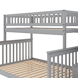 Harper & Bright Designs Twin Over Full Bunk Beds with Stairs, Wood Bunk Bed with Storage and Guard Rails,Bunk Beds Twin Over Full Size for Kids, Bedroom, Dorm, Teens, Adults, Grey