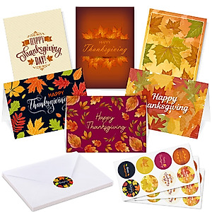 Whaline 24Pcs Thanksgiving Greeting Cards Assortment with Stickers and Envelopes 5" x 7" Large Happy Thanksgiving Cards Fall Leaves Patterned Thankful Grateful Note Cards for Party Favor Supplies