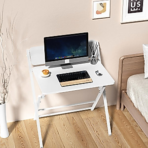 Vipass 2-Tier Folding Home Office Desk,Not Require Assembly,Space Saving Portable Laptop Study Foldable Table for Small Spaces,White