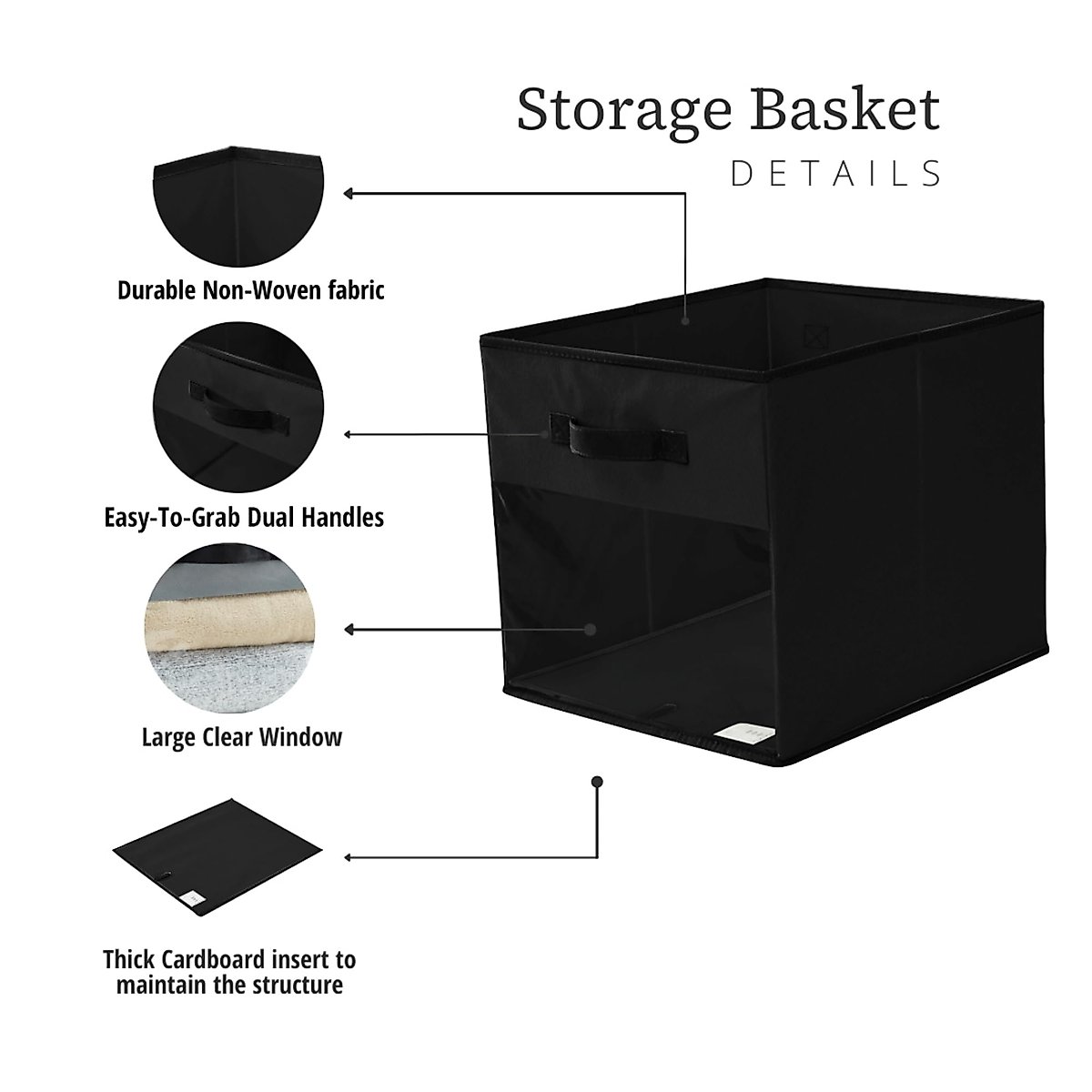 DECOMOMO Kallax Storage Cubes, 13x13x15 Storage Cube Bins with Window, Baskets for Organizing Shelves (Kallax / 4pcs, Black)
