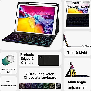 C INVERTER iPad Case Keyboard, for iPad 9th/8th/7th Gen 10.2 in, iPad Pro, Air 3rd Gen 10.5 in, Detachable Backlit Wireless Keyboard with Magnetic Protective Cover (Black)