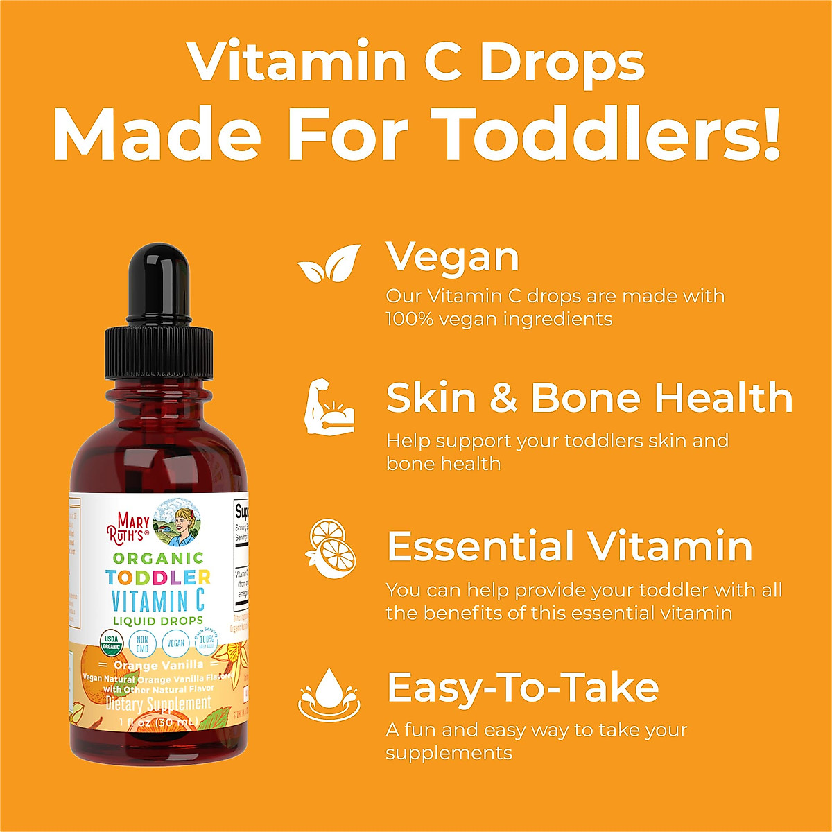 MaryRuth Organics Toddler Vitamin C Drops | USDA Organic Vitamin C Liquid Drops for Toddler | Ages 1-3 Years | Vitamin for Immune Support & Overall Health | Vegan | Non-GMO | Gluten Free | 30 Servings