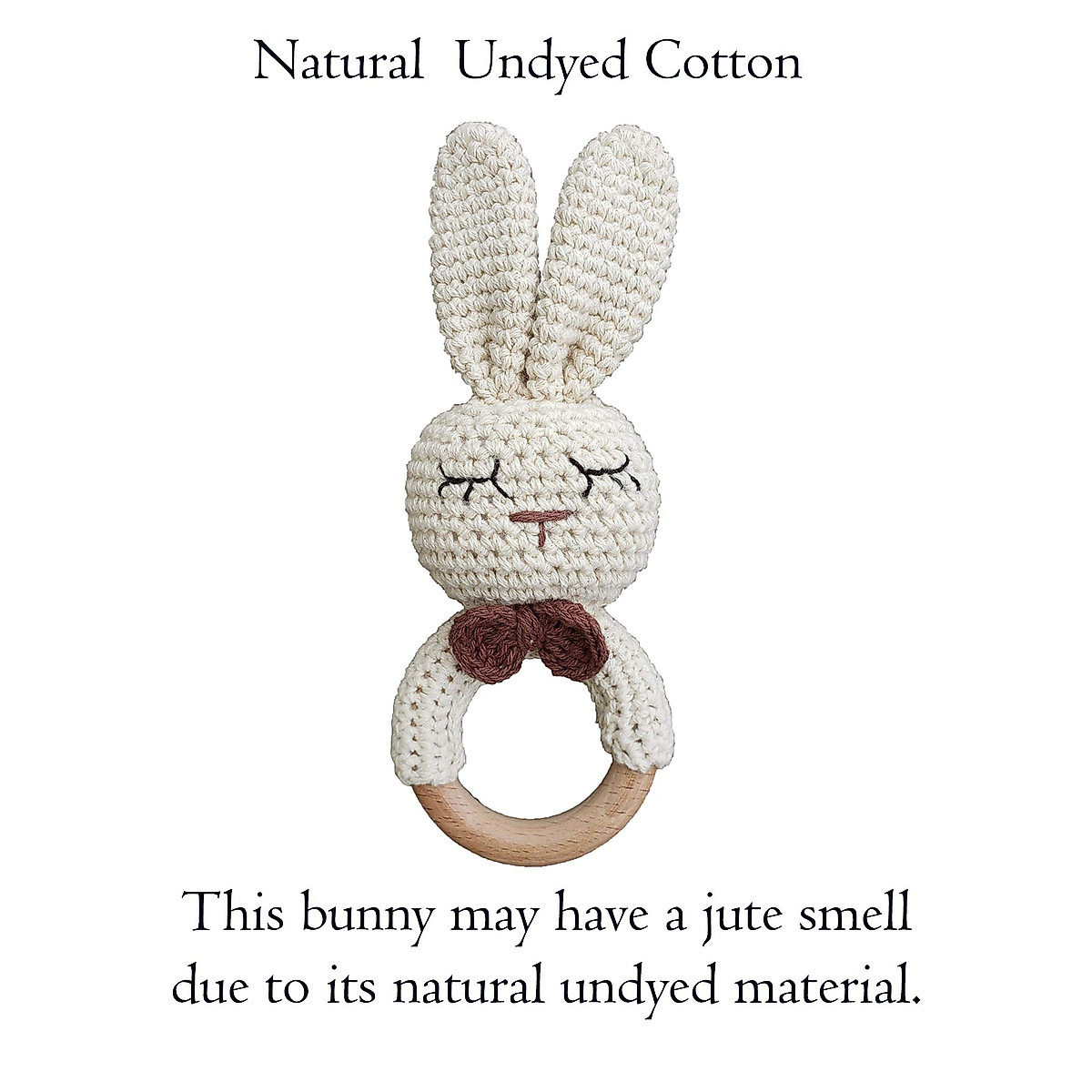 Natural Crochet Teether Toy Rattle for Baby Forest Friends Handmade Amigurumi Crochet Bunny Deer Fox on Natural Wooden Teething Ring Rattle Natural Baby Toys (Organic Bunny)