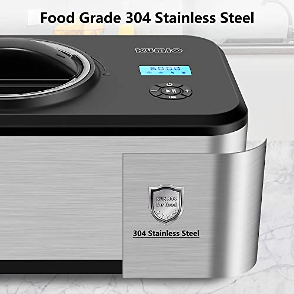 KUMIO 1.5 Quart Ice Cream Maker with Compressor, No Pre-Freezing, 4 Modes Ice Cream Maker Machine with LCD Display, Timer, Automatic Gelato & Yogurt Machine, Stainless Steel