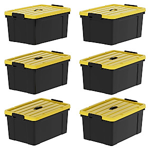 Cetomo 72Qt*6 Durabilt Flip Lid Stackable Heavy Duty Tough Storage Container Tote, Plastic Storage Bins, Storage Box, Black Base with Yellow Lid (6 Pack)