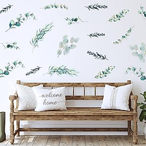 Zonon 32 Pcs Green Leaves Wall Stickers Boho Eucalyptus Leaf Wall Decals Modern Leaves Wall Decals Sage Green Wallpaper Botanical Plant Leaf Wall Decoration for Nursery Bedroom Living Room Decor