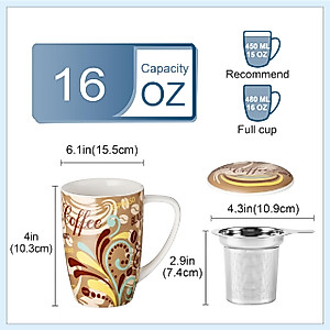 LOVECASA 16 OZ Tea Mug with Infuser and Lid, Tea Infuser Mug with Handle Ceramic Mug with Filter for Tea, Milk, Coffee, Loose Leaf Tea Infusers, Black
