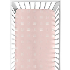 Sweet Jojo Designs Pink Boho Mudcloth Girl Fitted Crib Sheet Baby or Toddler Bed Nursery - Light Blush and White Bohemian Woodland Tribal Southwest Mud Cloth Hatch Triple Line Girl Shabby Chic