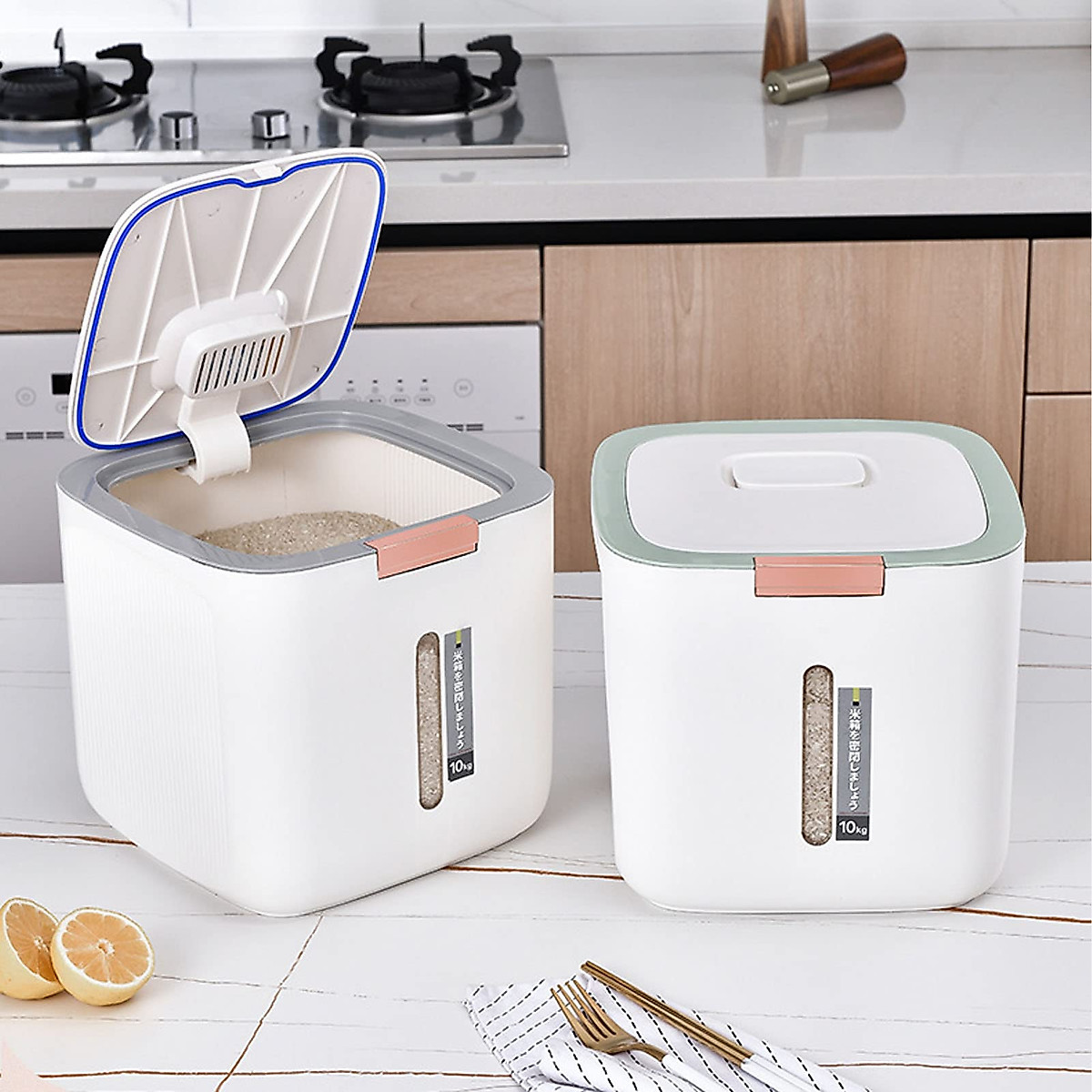 Rice Storage Container, 22.lb Food Storage Container with Lid and Measuring Cup, Moistureproof Cereal Grain Storage Box for Beans Grain Flour and Pet Food (Light Green)