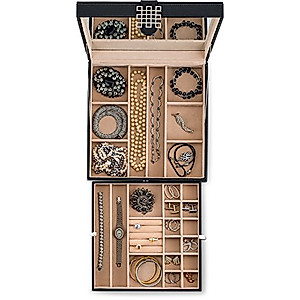 Glenor Co 28 Section Jewelry Box - 2 Layer - Buckle Snap & Magnet Closure - Large Mirror - Leather Design - Black - Jewelry Organizer for Women & Girls - Holder for Earring Ring Necklace & Bracelet