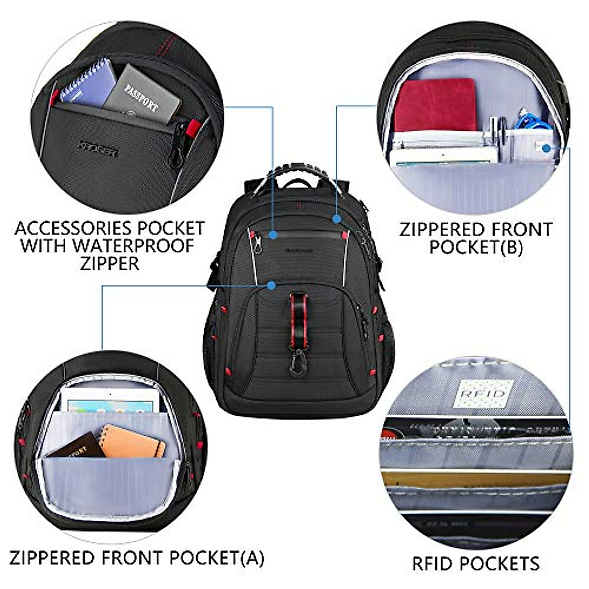 KROSER Travel Laptop Backpack 17.3 inch XL Computer Backpack Stylish College Backpack with RFID Pockets USB Charging Port REFLECTIVE STRIPS Water-Repellent Day pack for Business/Men