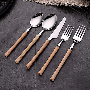Wood Silverware Set for 8 Modern Cutlery Utensils Stainless Steel Flatware Set 40 Piece Knives Forks Spoons Tableware for Home Kitchen Restaurant Wooden Handle Dinnerware Sets