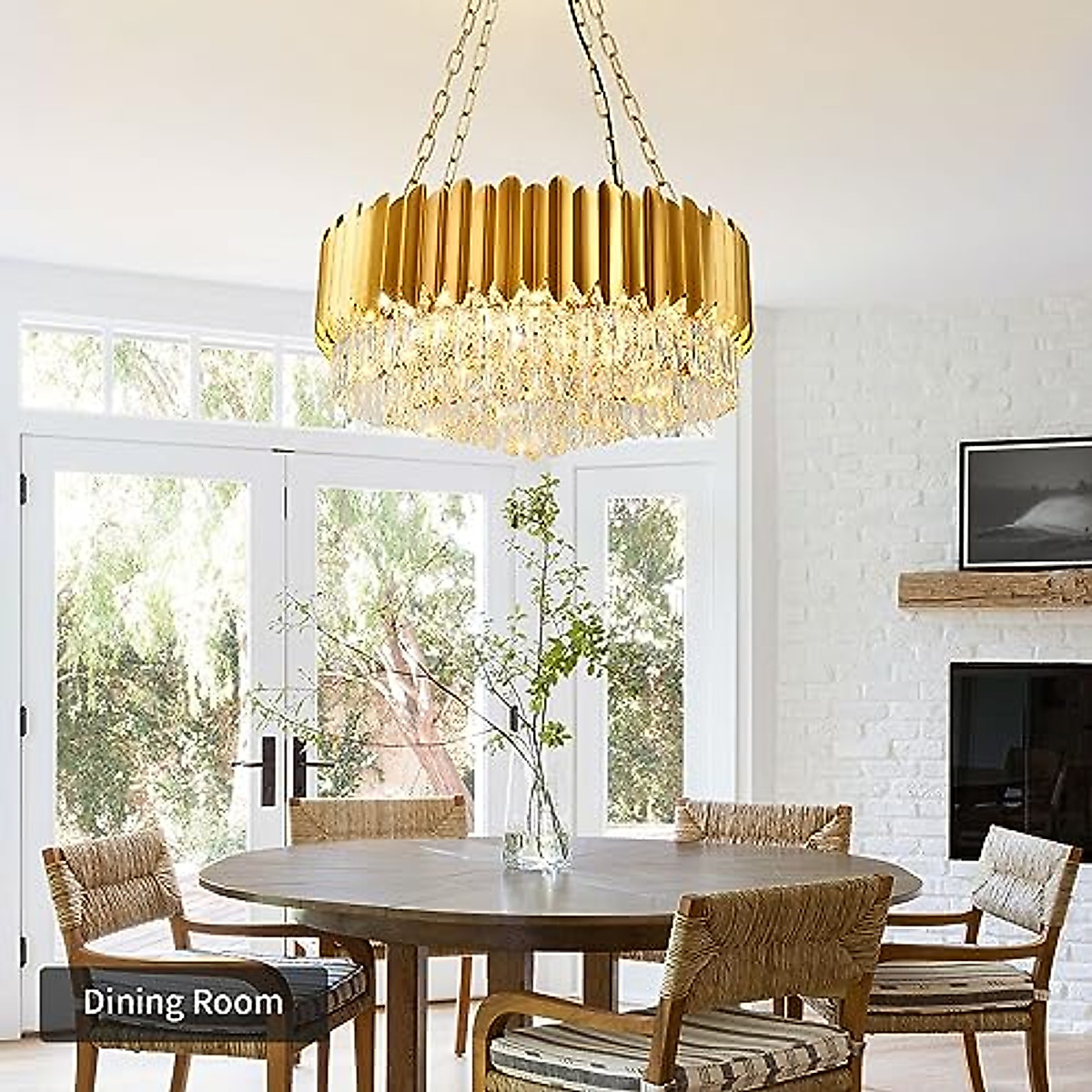 Fitsai Modern Gold Crystal Chandelier Light with Remote Control, Dimmable Round LED Pendant Light, Ceiling Light Fixtures for Dining Room Living Room Bedroom Variable Light