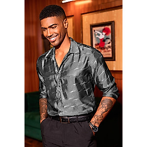 COOFANDY Men's Luxury Dress Shirt Long Sleeve Slim Fit Satin Like Shirt Wedding Party Button Down Shirts Grey