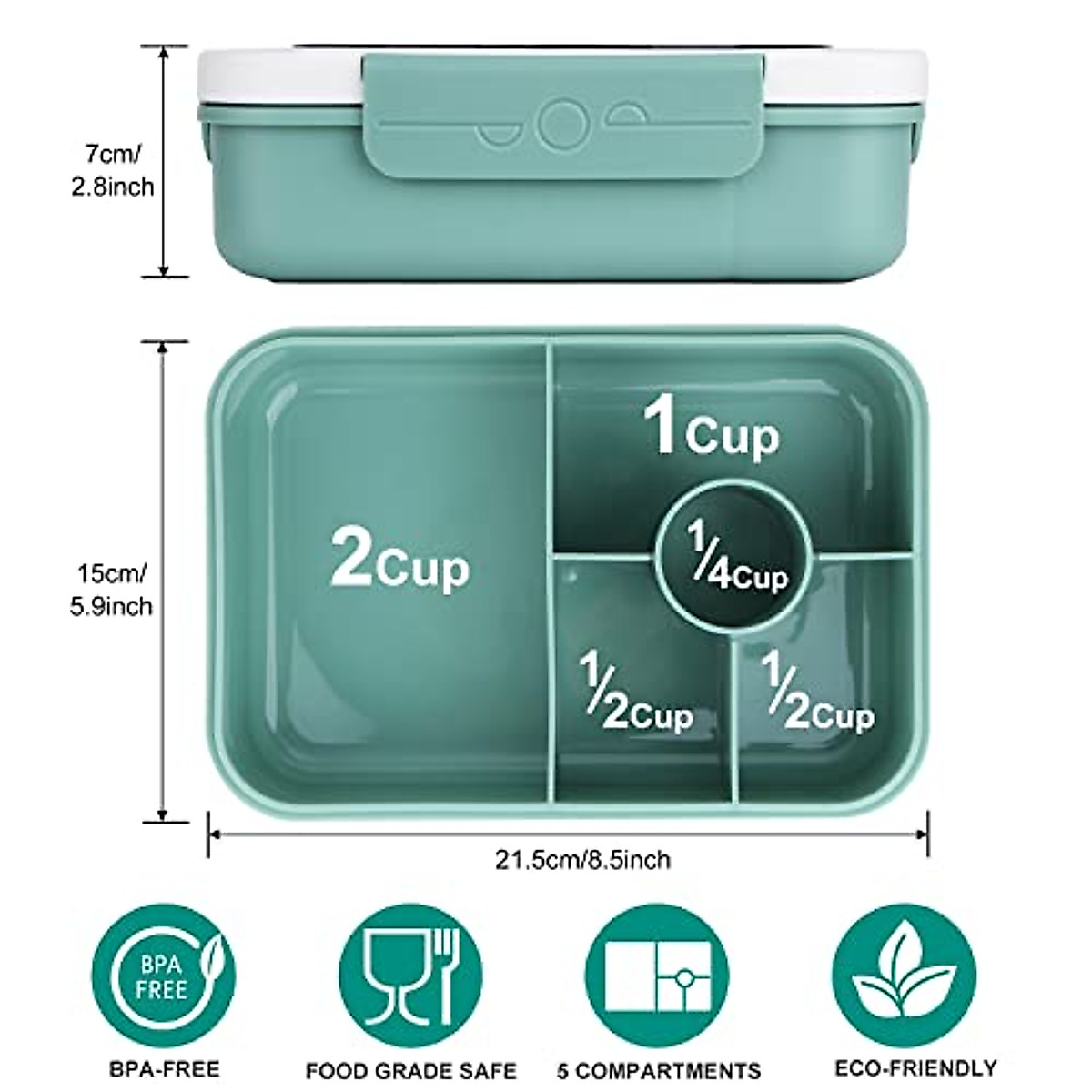 MaMix Bento Lunch Boxes for Adults Kids, Bento Box Adult Lunch Box, 5 Compartment Lunch Box Containers for Adults, Meal Prep Containers Accessories Reusable & Leakproof (Green)